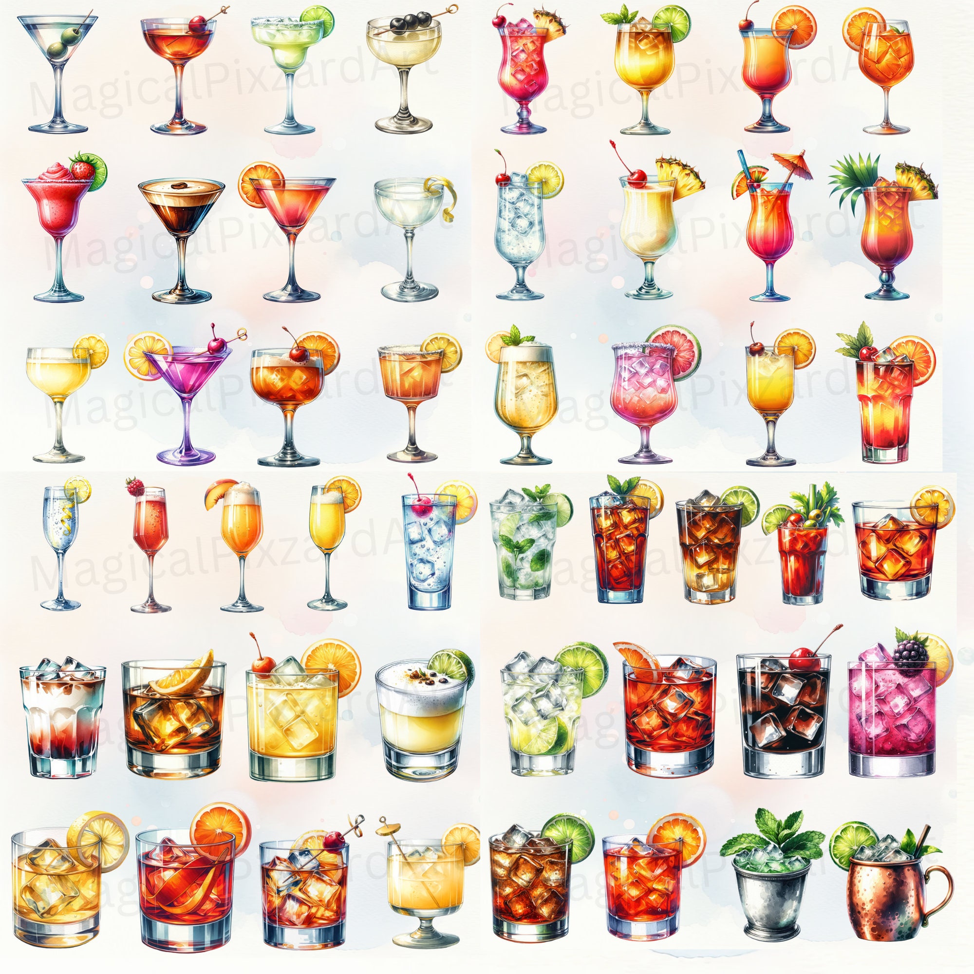 160 Watercolor Beverages Clipart Bundle - Coffee, Cocktails, Smoothies ...
