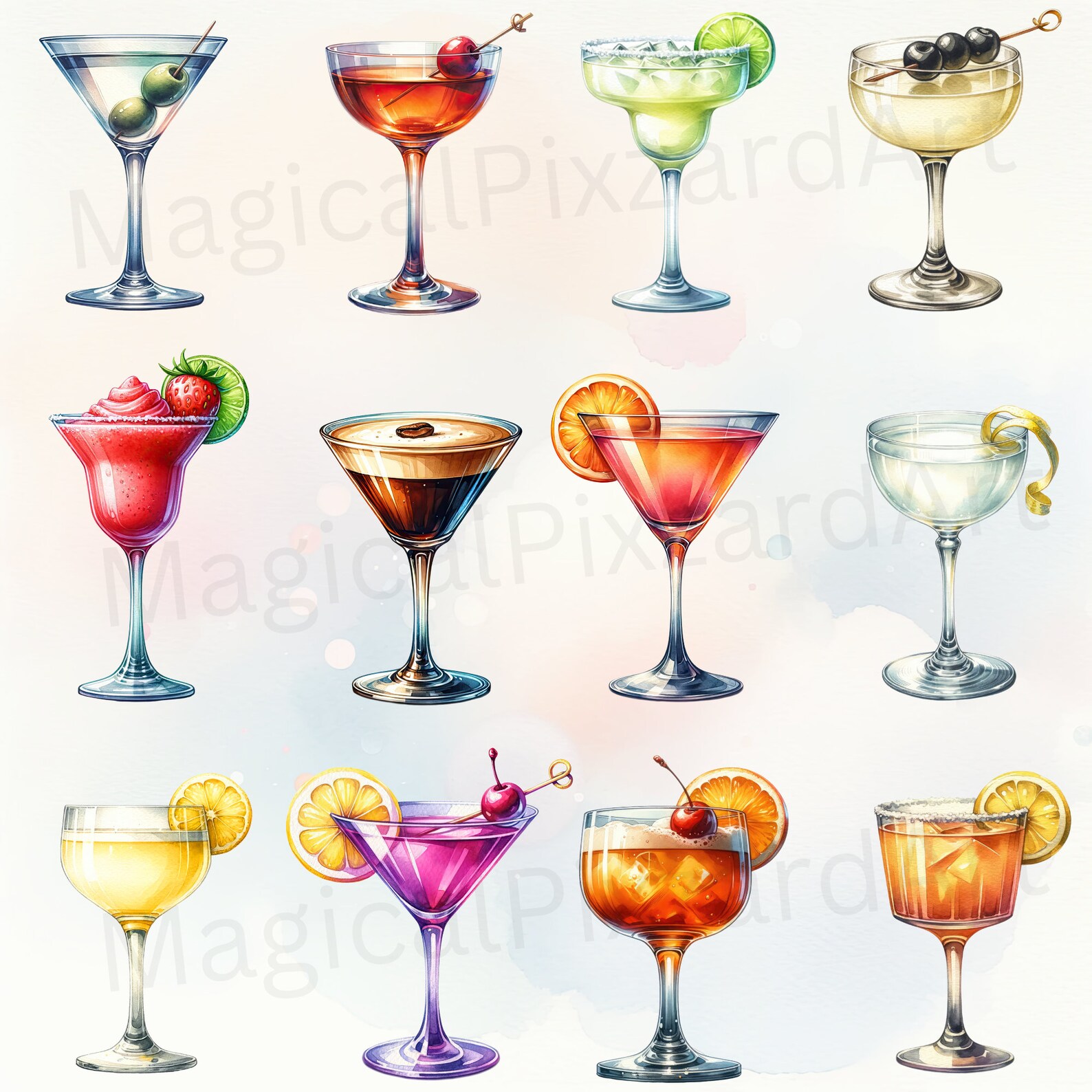 70 Watercolor Drink Clipart Bundle - 50 Cocktail Clipart + 20 Smoothie ...
