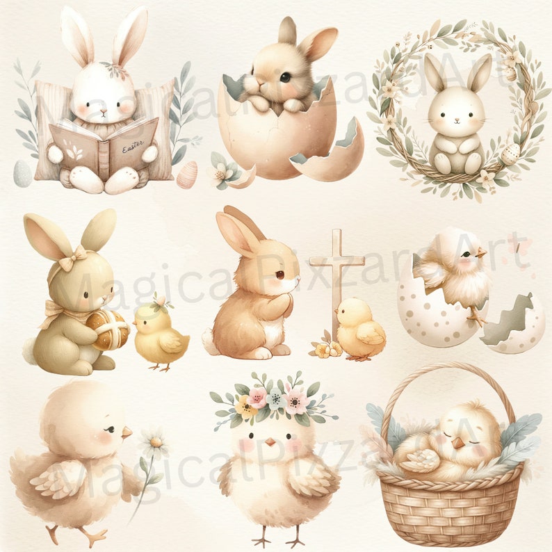 40 Watercolor Easter Clipart Bundle, Bunny Clipart, Beige Themed ...
