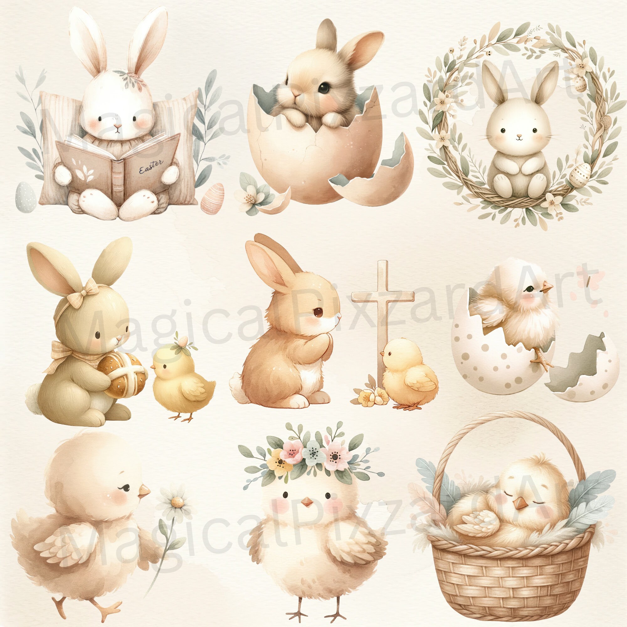 40 Watercolor Easter Clipart Bundle, Bunny Clipart, Beige Themed ...