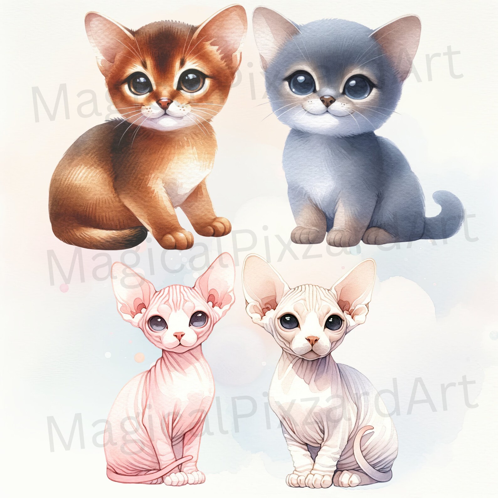 50 Watercolor Cute Cats Clipart Collection With 18 Popular Breeds Cat ...