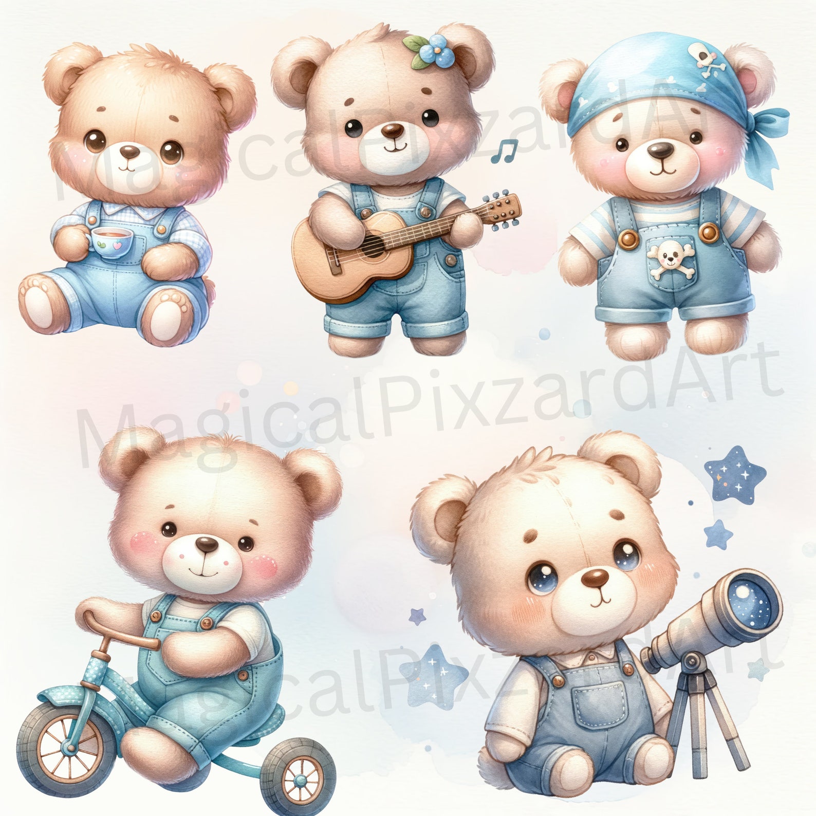 Cute Watercolor Teddy Bear Clipart Set in Soft Pastel Pink & Blue ...