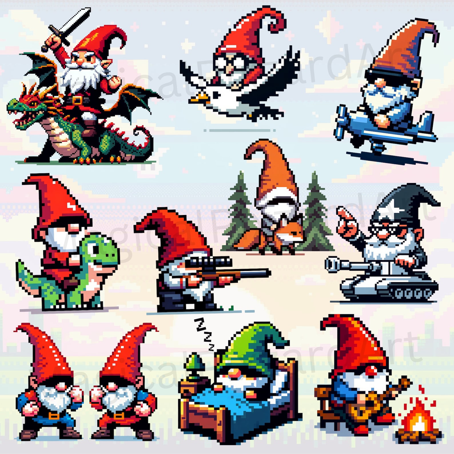 Pixel Art Gnomes Clipart Bundle - 50 Pngs Transparent Background for ...