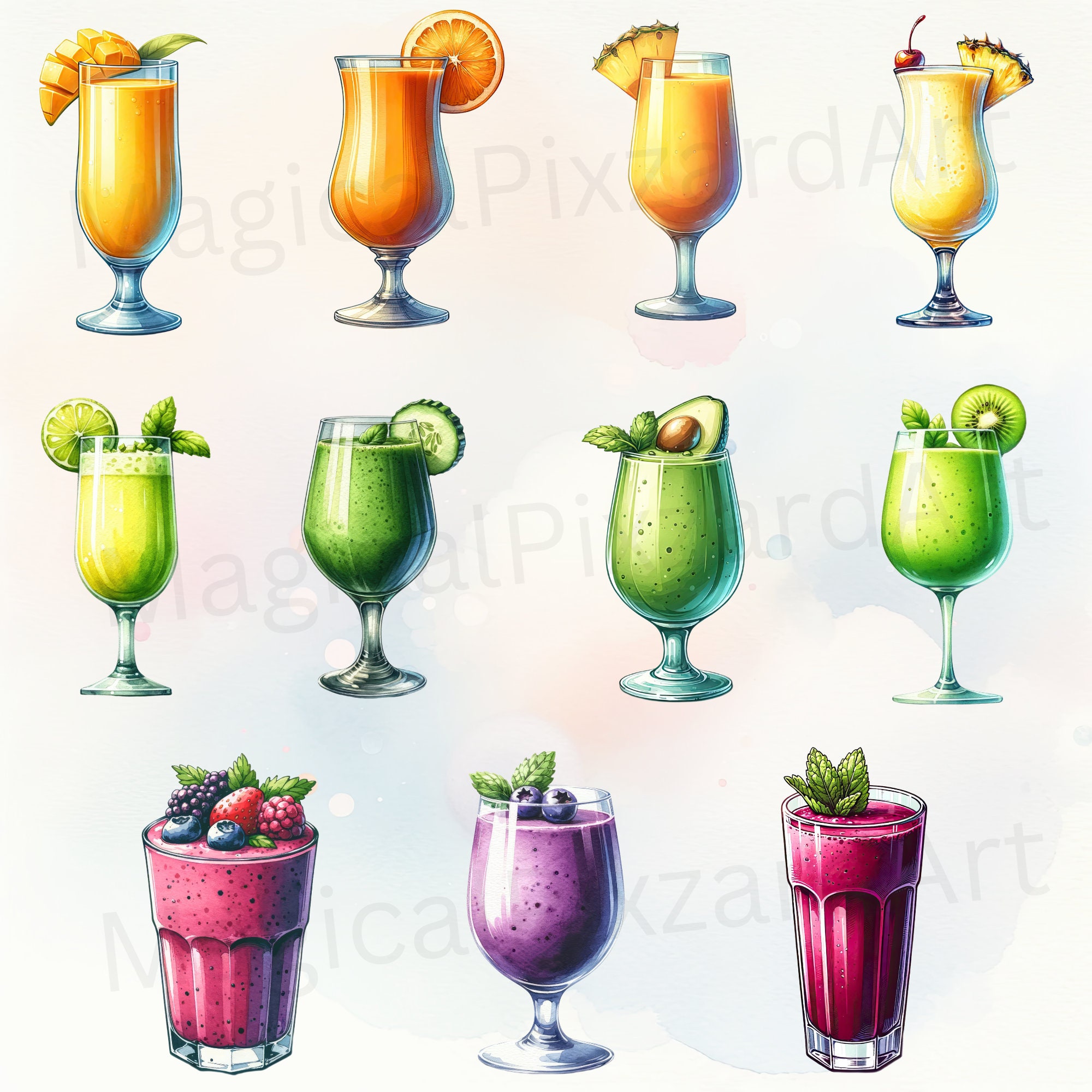 70 Watercolor Drink Clipart Bundle - 50 Cocktail Clipart + 20 Smoothie ...