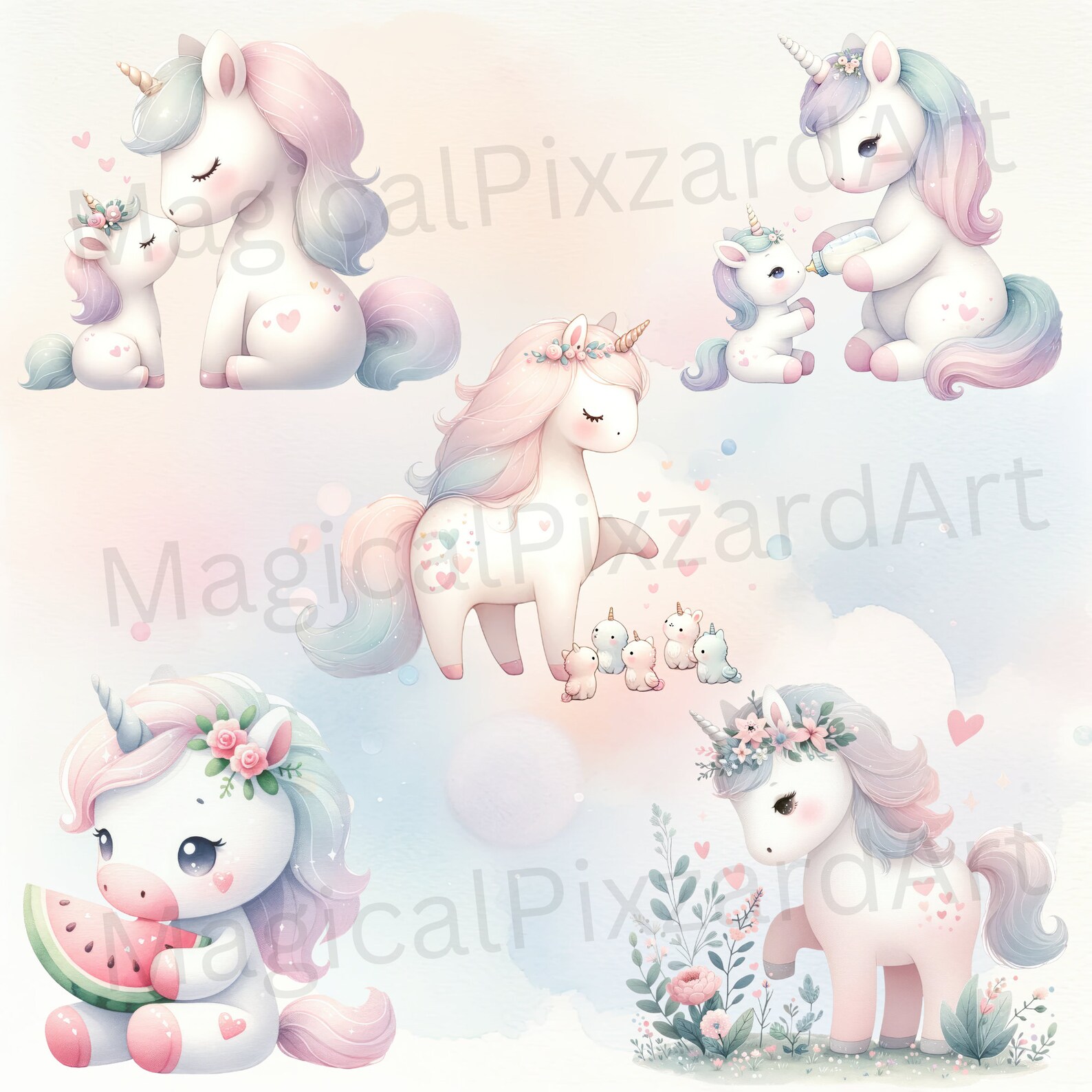 Pastel Unicorn Clipart Collection 25 PNG Files With Kawaii Watercolor ...