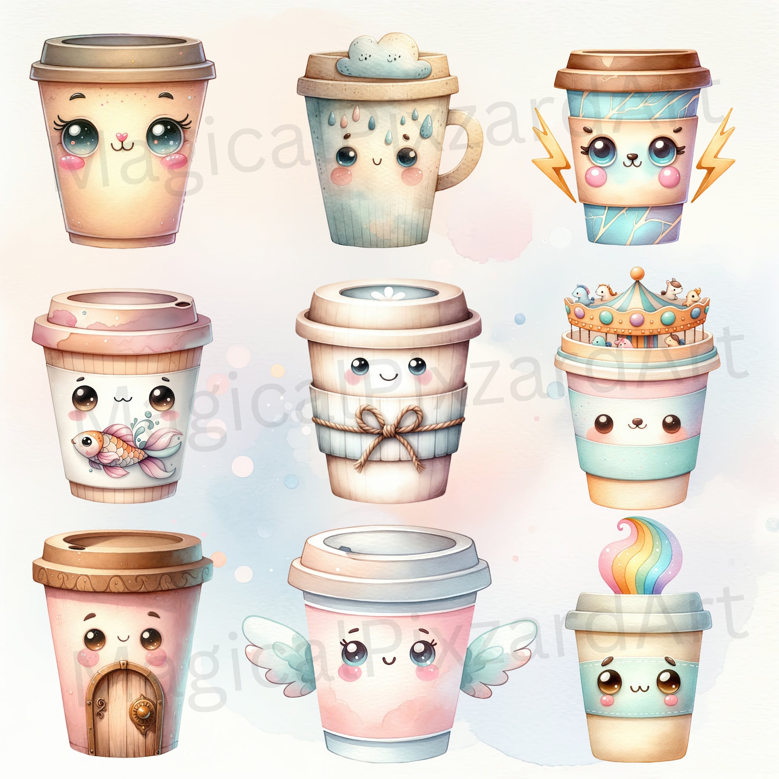 42 Watercolor Kawaii Coffee Cup Clipart Bundle, Pastel Cute Coffee Cup ...