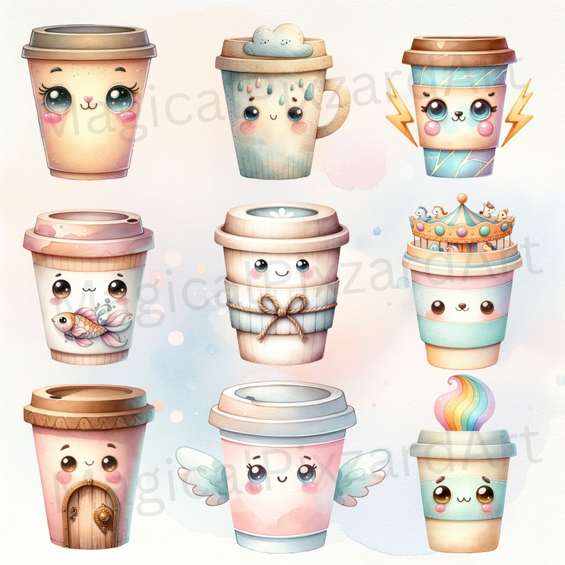 42 Watercolor Kawaii Coffee Cup Clipart Bundle, Pastel Cute Coffee Cup ...