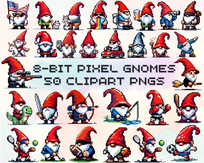 Pixel Art Gnomes Clipart Bundle - 50 Pngs Transparent Background for ...