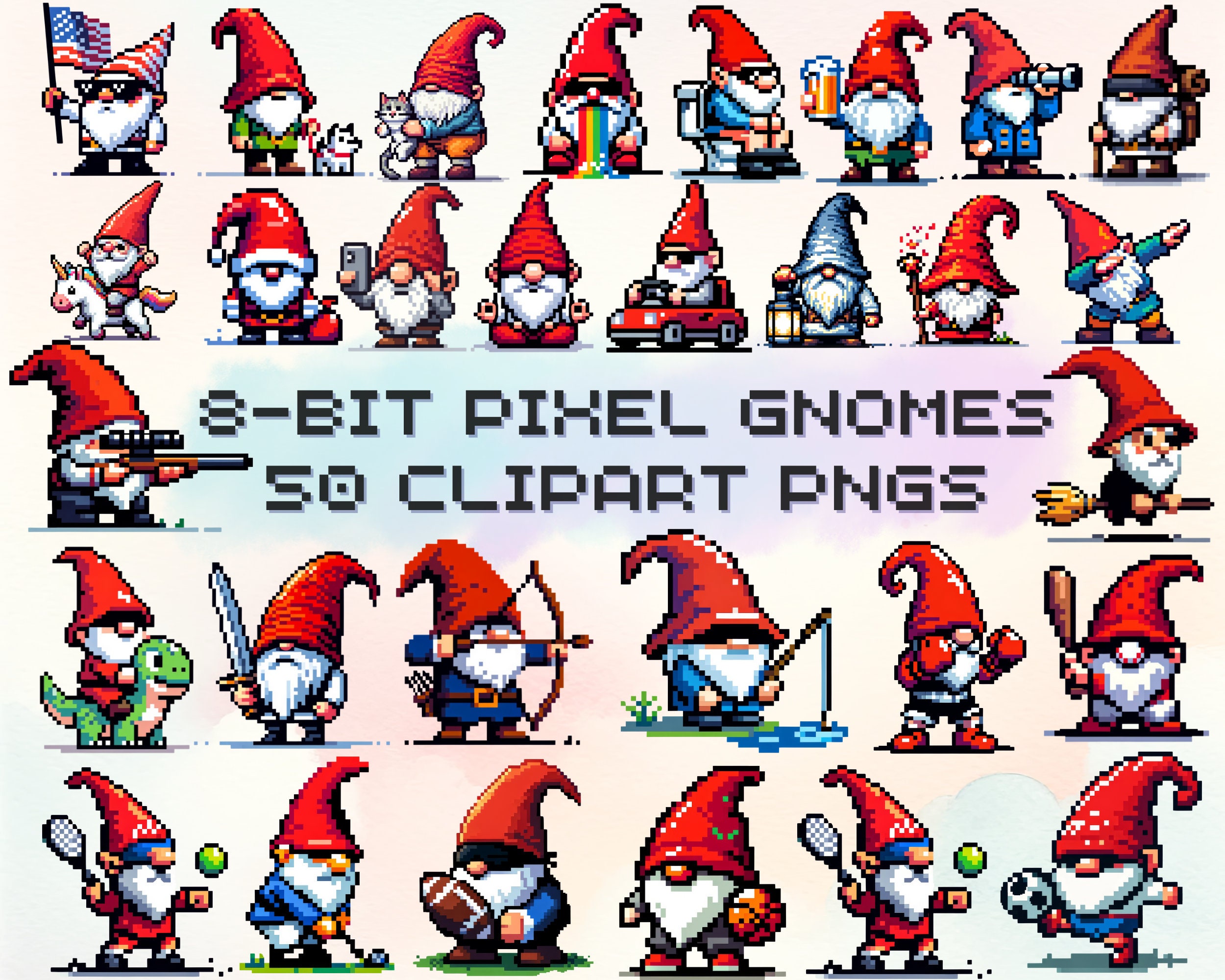 Pixel Art Gnomes Clipart Bundle - 50 Pngs Transparent Background for Digital Download, 8-bit ...