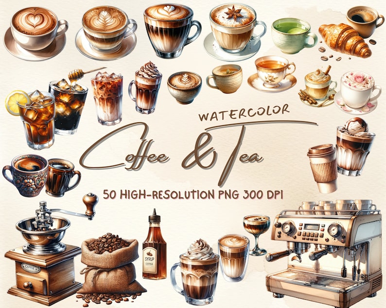 50 Watercolor Coffee Clipart Bundle, Tea Clipart, Cafe Clipart, Coffee ...