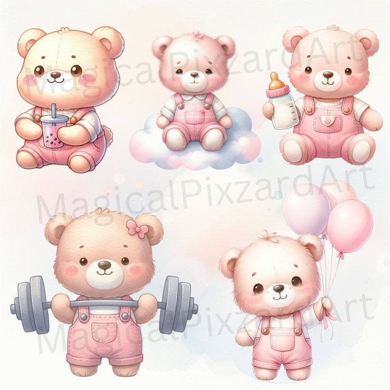 Cute Watercolor Teddy Bear Clipart Set in Soft Pastel Pink & Blue ...
