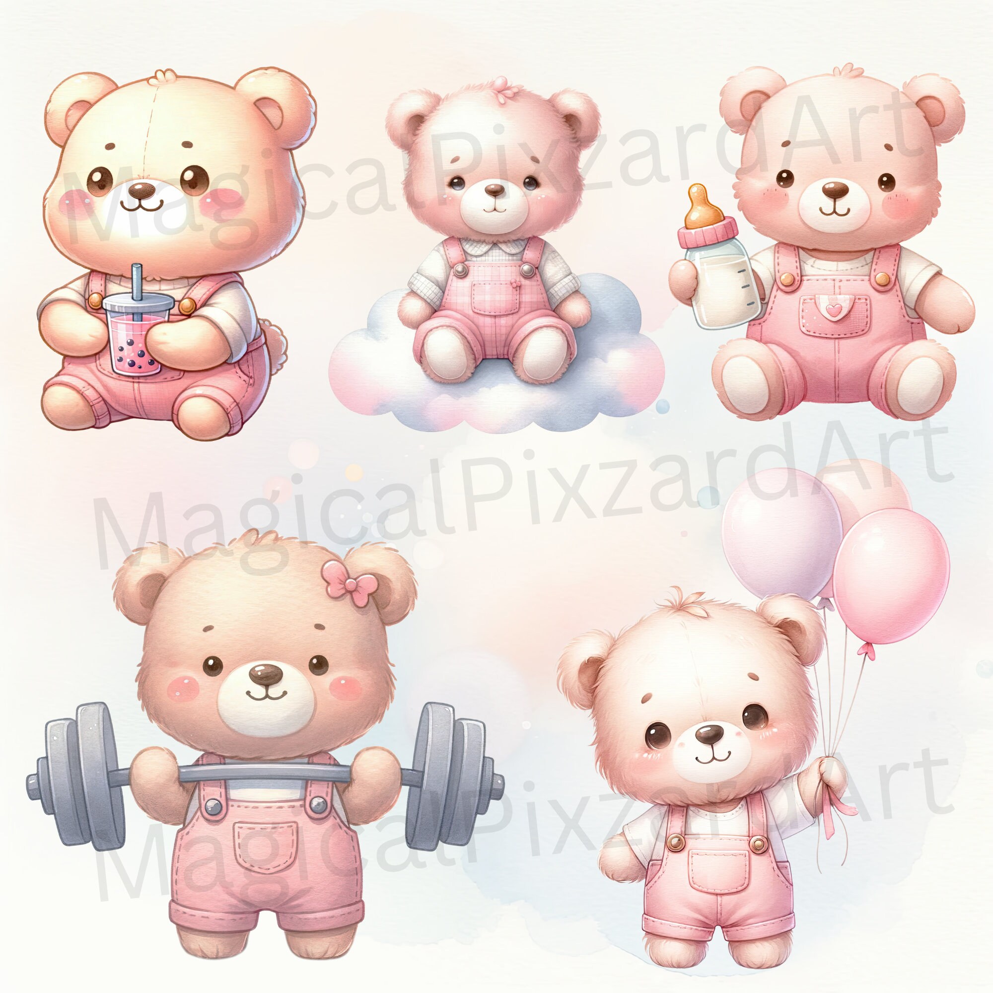 Cute Watercolor Teddy Bear Clipart Set in Soft Pastel Pink & Blue ...