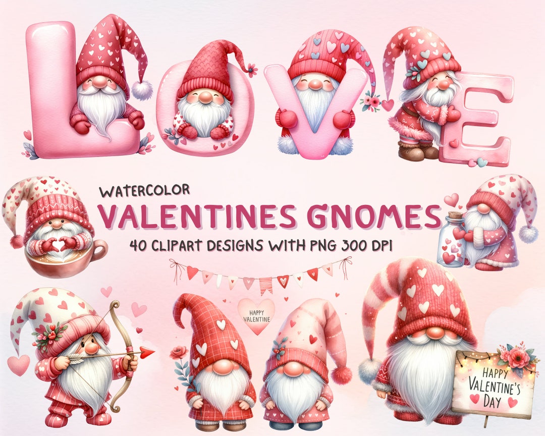 40 Valentines Gnomes Clipart Bundle - Watercolor Festive Gnomes ...