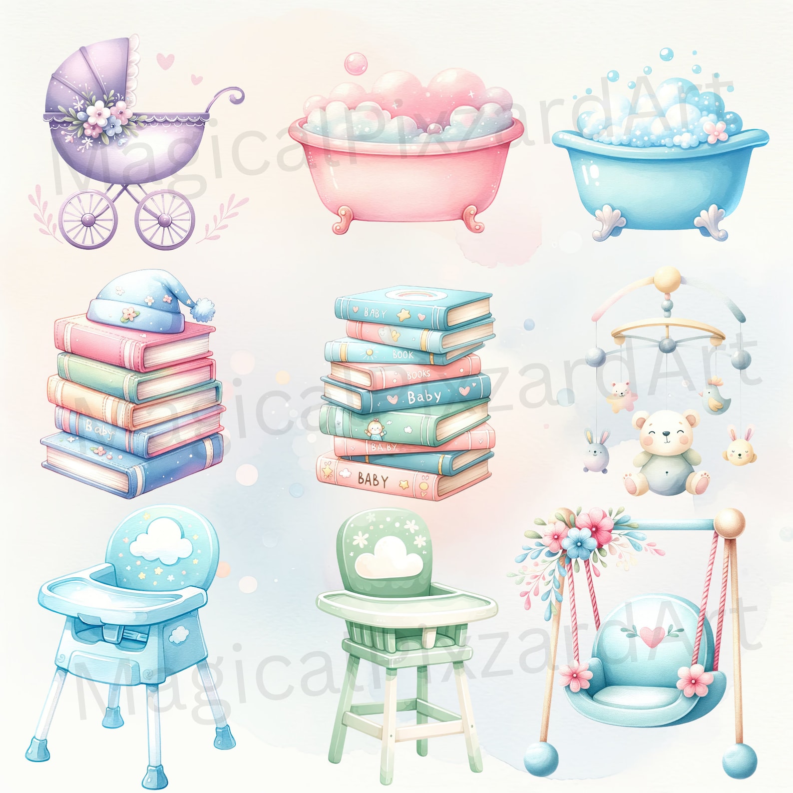 50 Baby Shower Clipart Bundle, Watercolor Pastel Baby Shower Elements ...