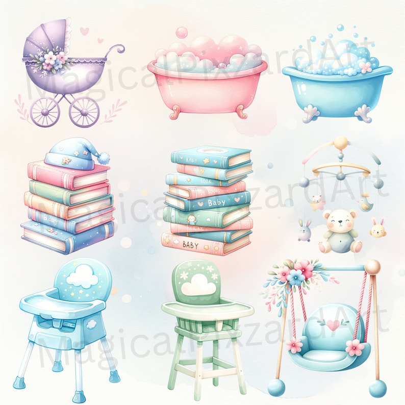 50 Baby Shower Clipart Bundle, Watercolor Pastel Baby Shower Elements ...