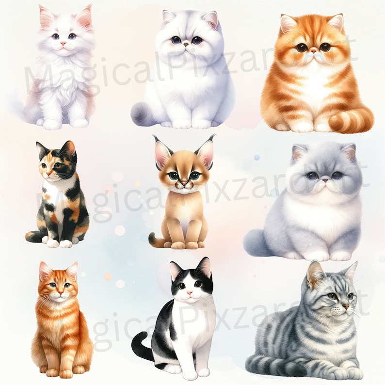 50 Watercolor Cute Cats Clipart Collection With 18 Popular Breeds Cat ...