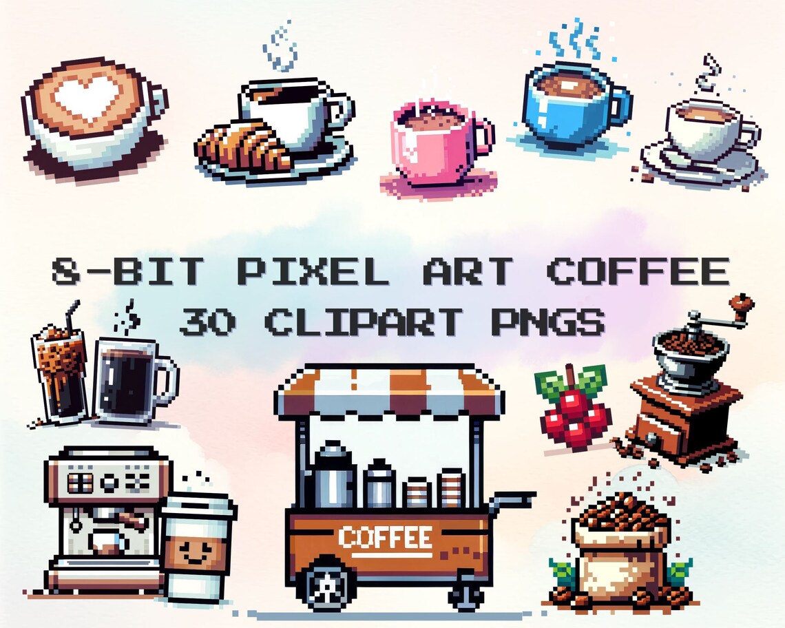 8-bit Coffee Pixel Art Collection - 30 Pngs Transparent Background for ...