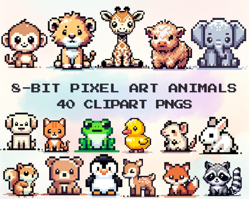 8-bit Pixel Art Animals Clipart- 40 Pngs Transparent Background for ...