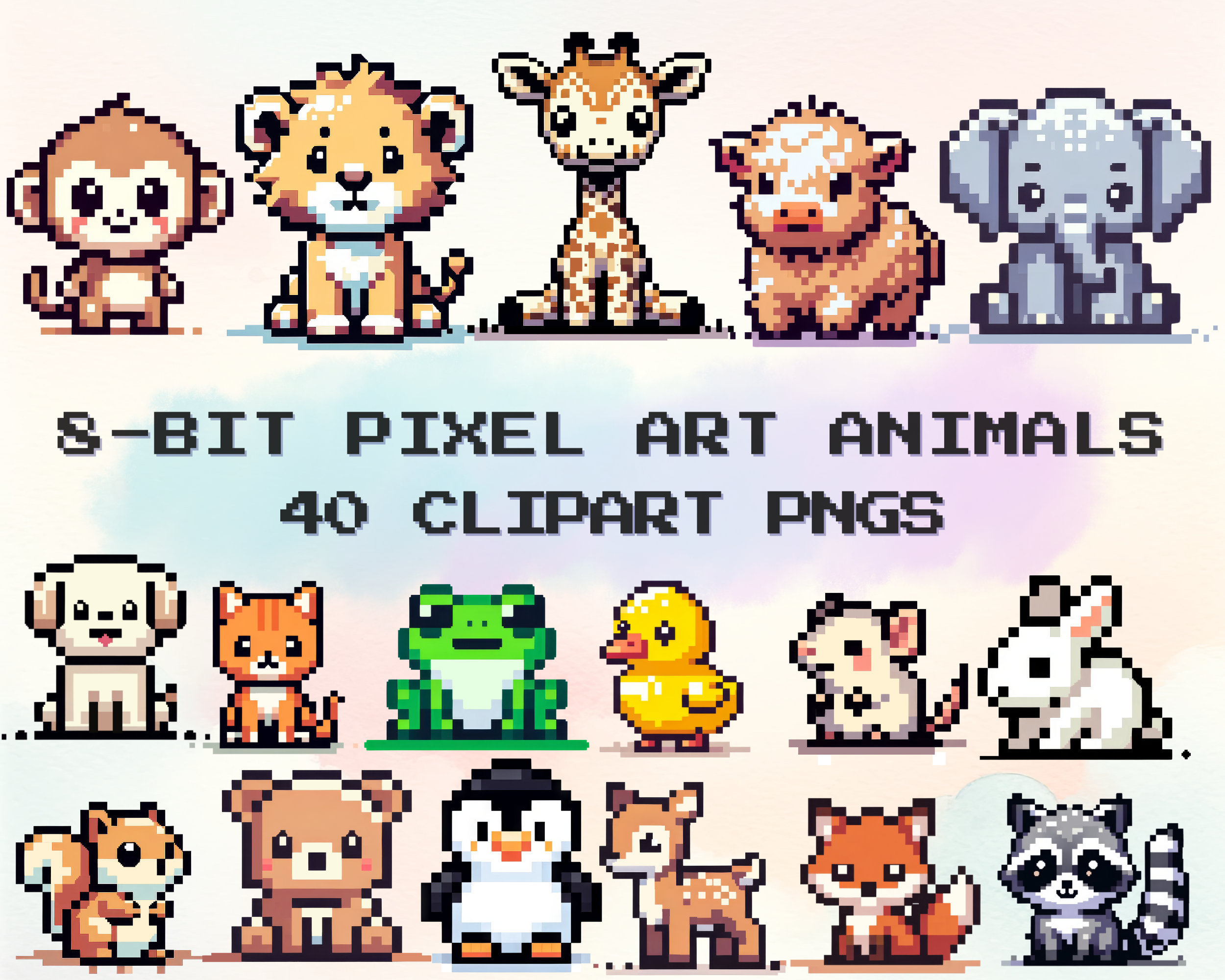 8-bit Pixel Art Animals Clipart- 40 Pngs Transparent Background for ...