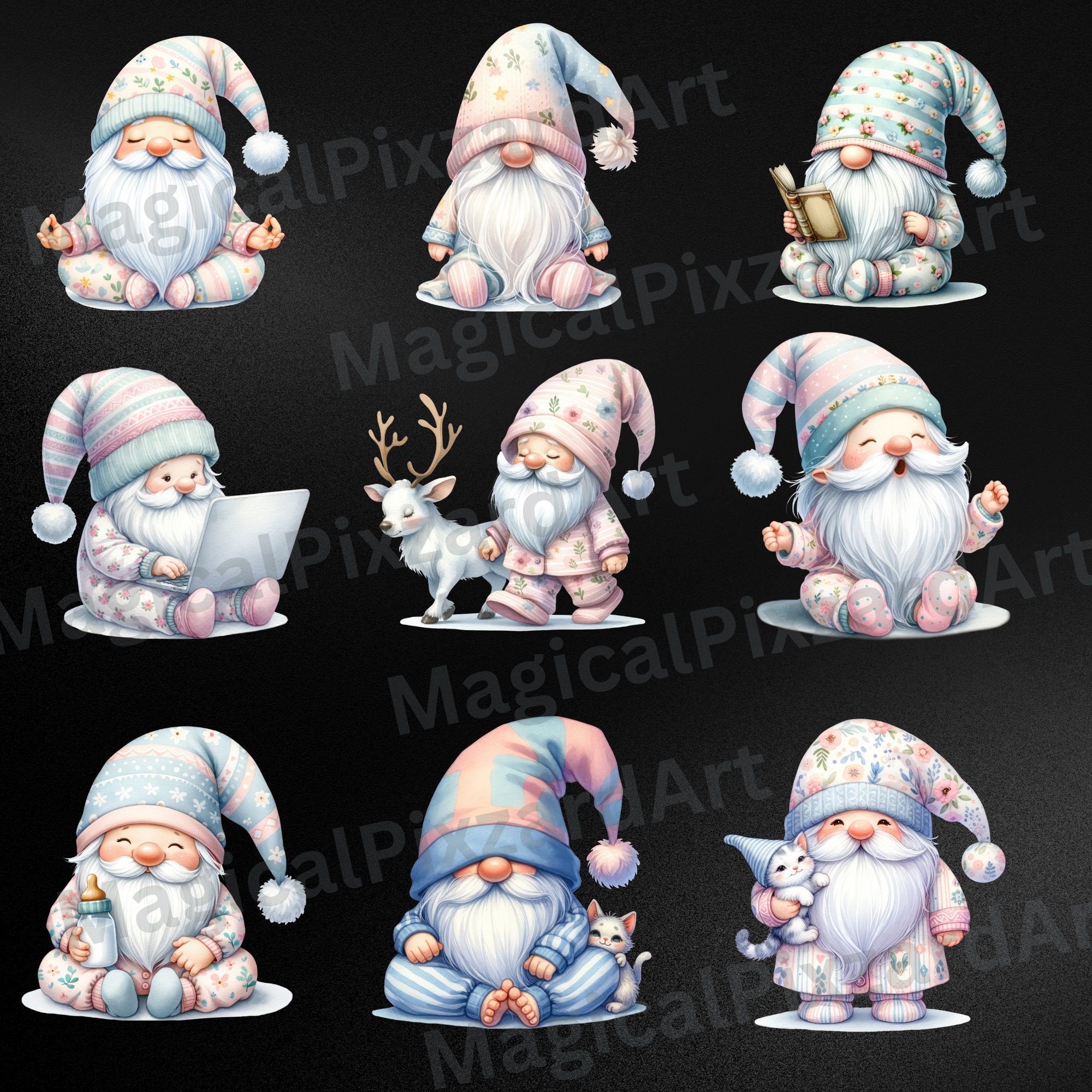 25 Watercolor Gnome Clipart in Pastel Pajamas High-quality PNG ...