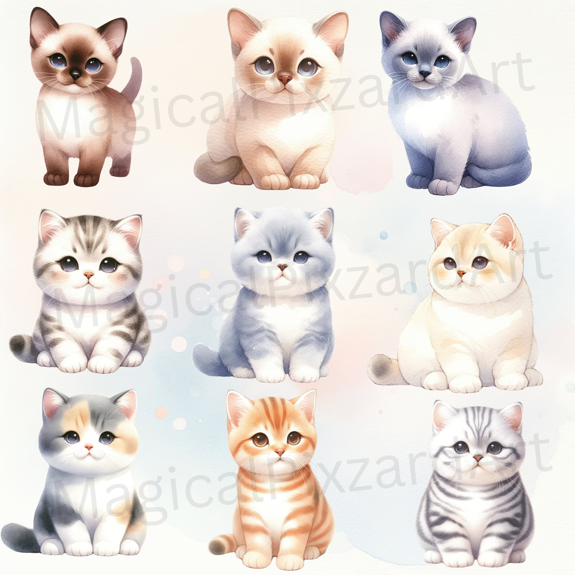 50 Watercolor Cute Cats Clipart Collection With 18 Popular Breeds Cat ...
