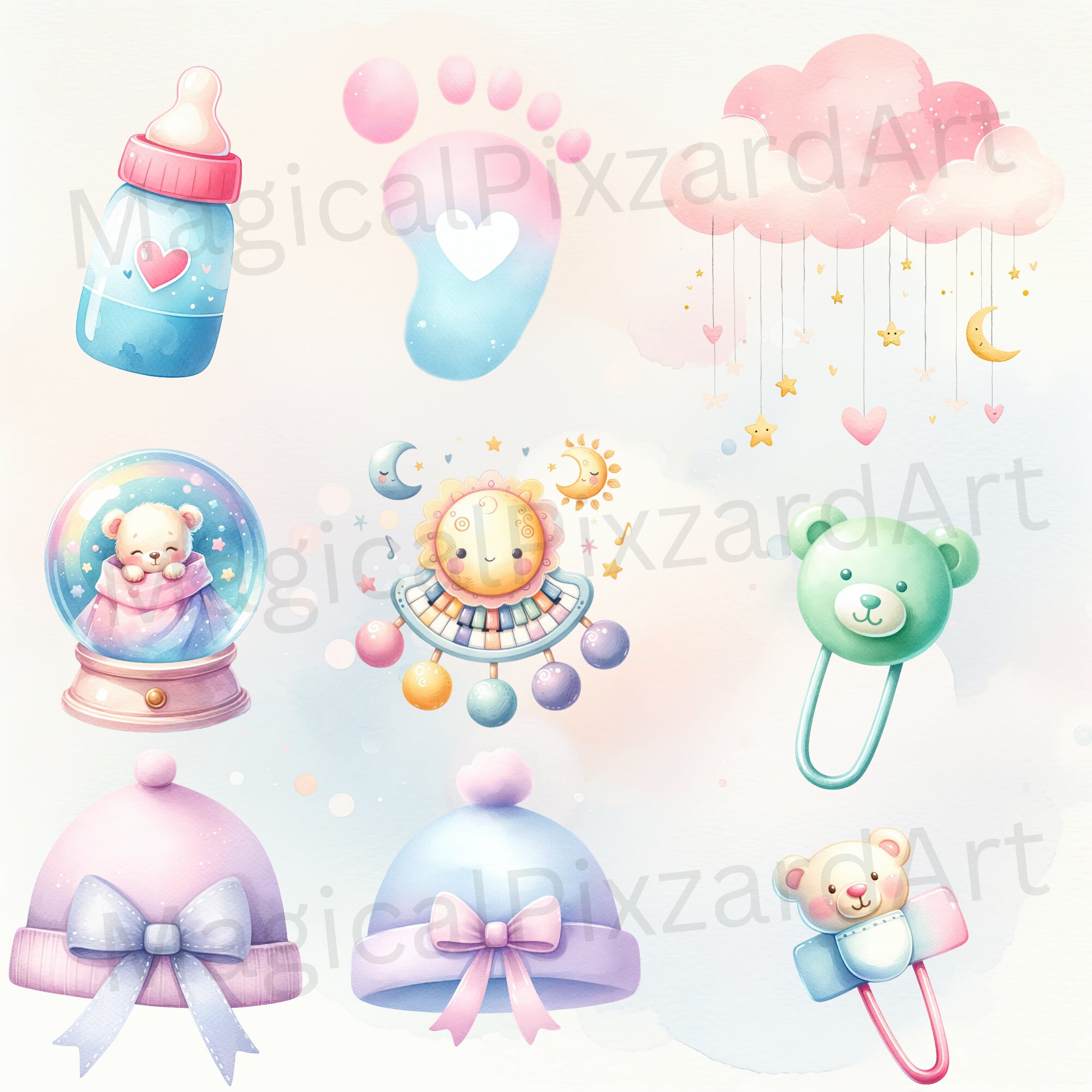 50 Baby Shower Clipart Bundle, Watercolor Pastel Baby Shower Elements ...