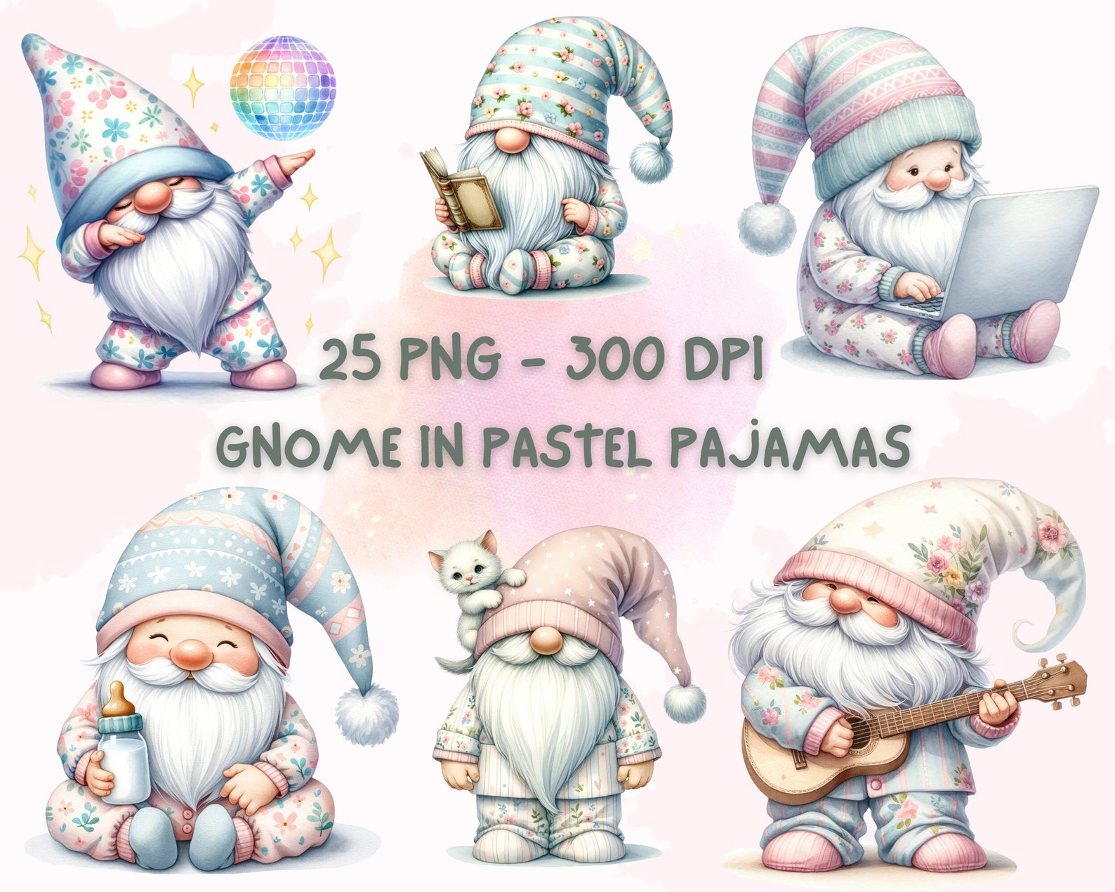 25 Watercolor Gnome Clipart in Pastel Pajamas High-quality PNG ...