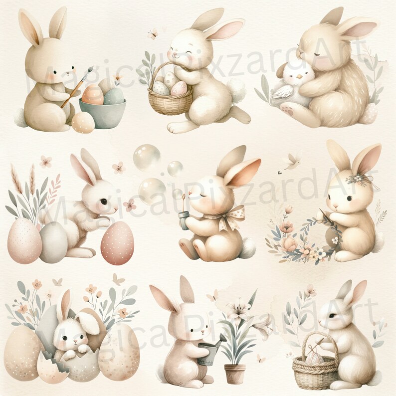 40 Watercolor Easter Clipart Bundle, Bunny Clipart, Beige Themed ...