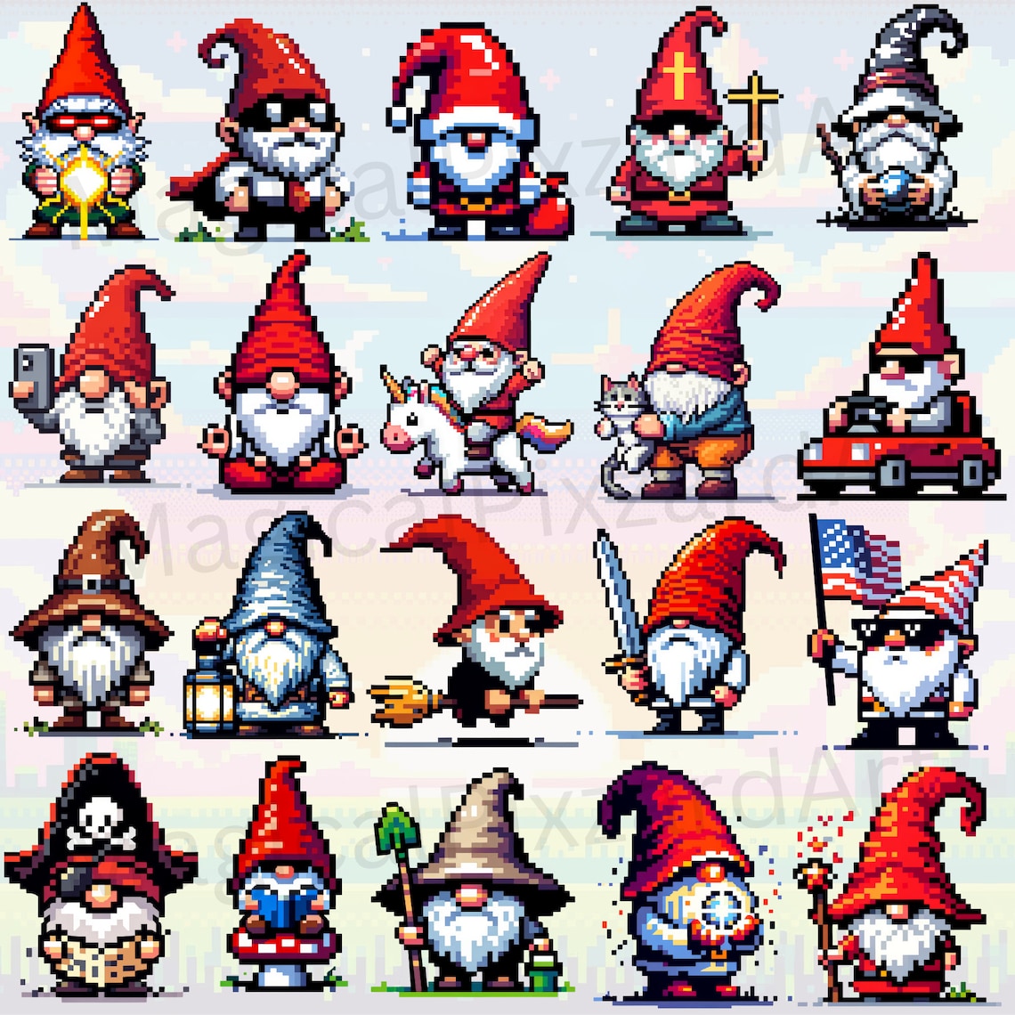 Pixel Art Gnomes Clipart Bundle - 50 Pngs Transparent Background for ...