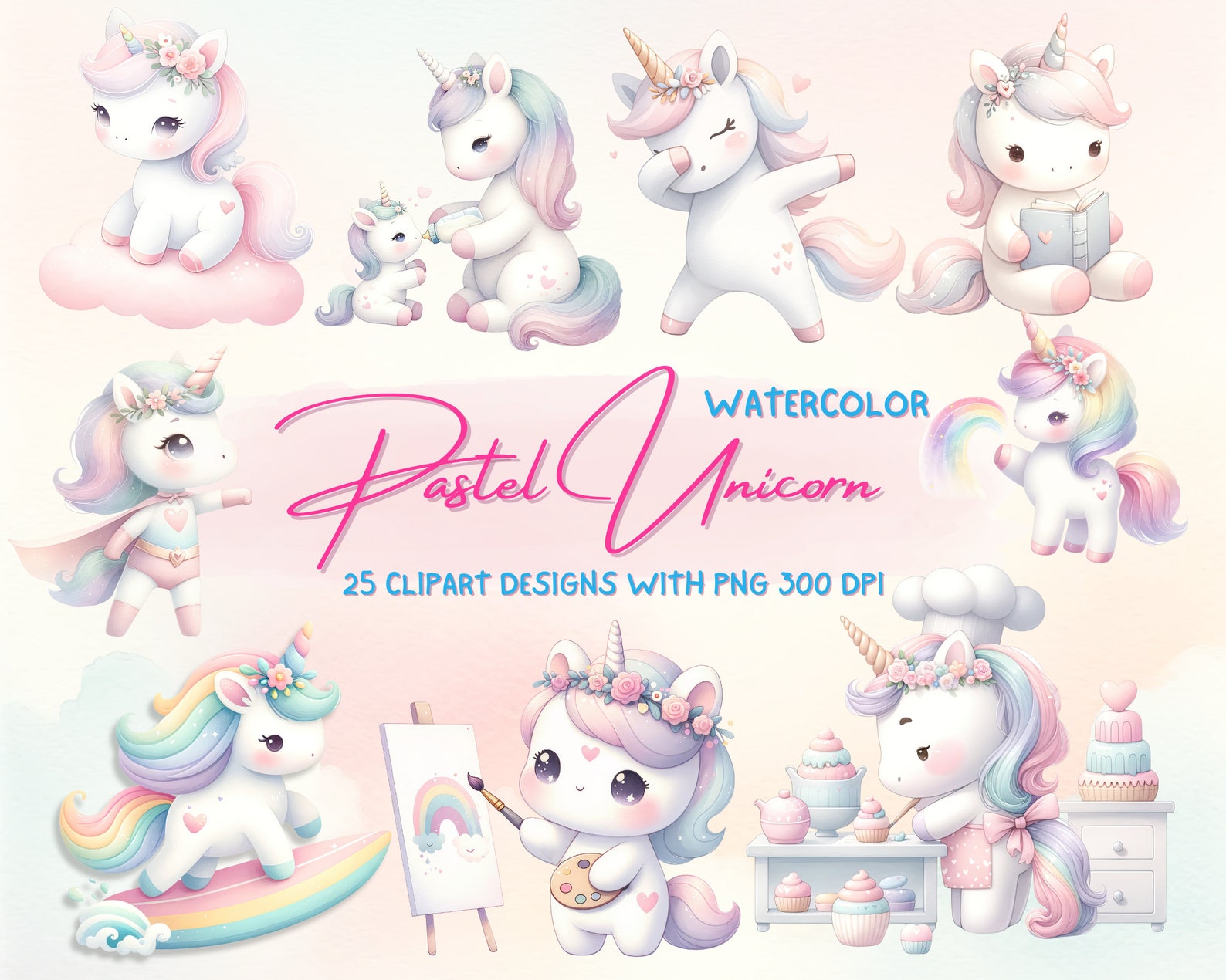 Pastel Unicorn Clipart Collection - 25 PNG Files With Kawaii Watercolor ...