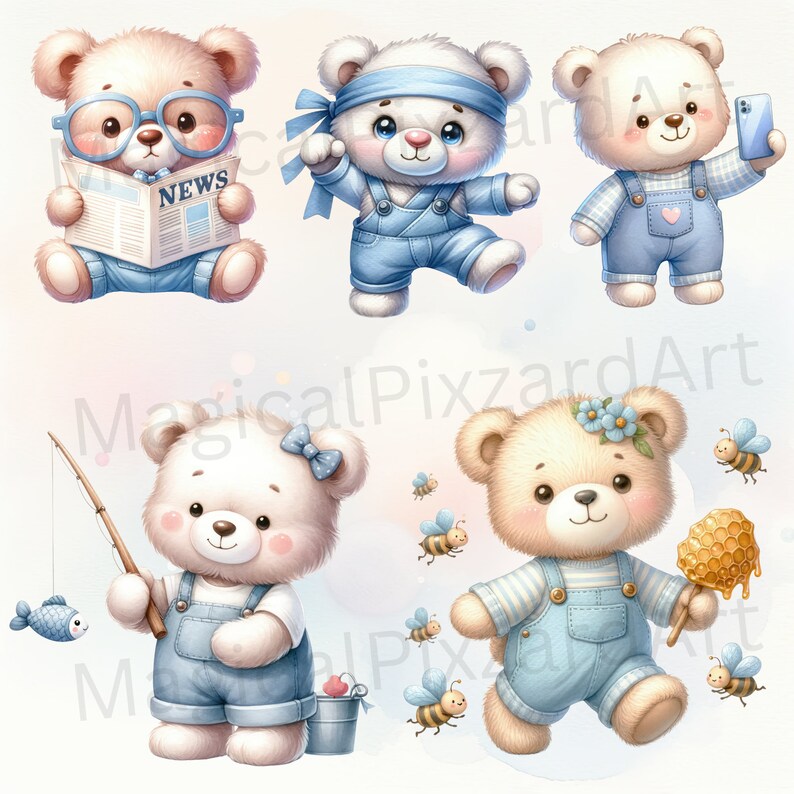 Cute Watercolor Teddy Bear Clipart Set in Soft Pastel Pink & Blue ...