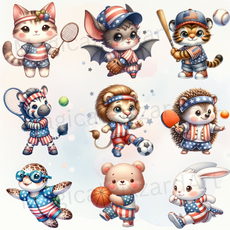 40 Watercolor Animal Sports Clipart, Athletic Animal Dressed in ...