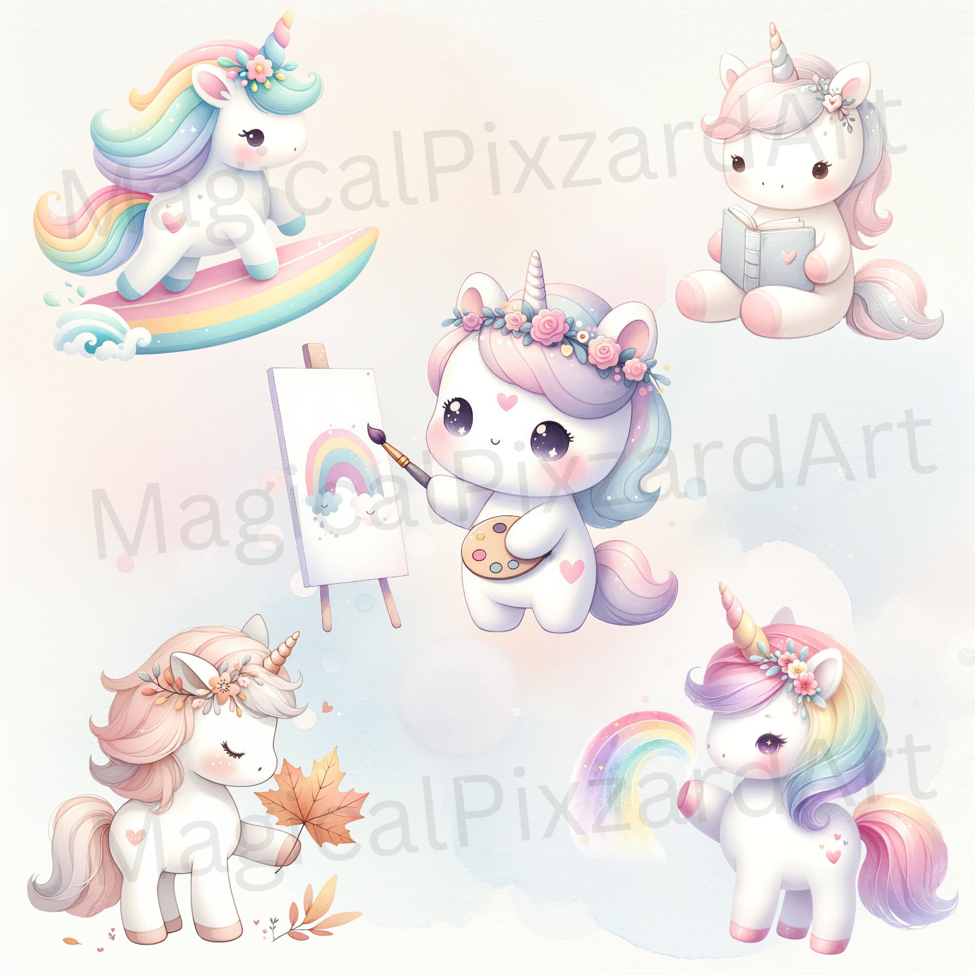 Pastel Unicorn Clipart Collection 25 PNG Files With Kawaii Watercolor ...