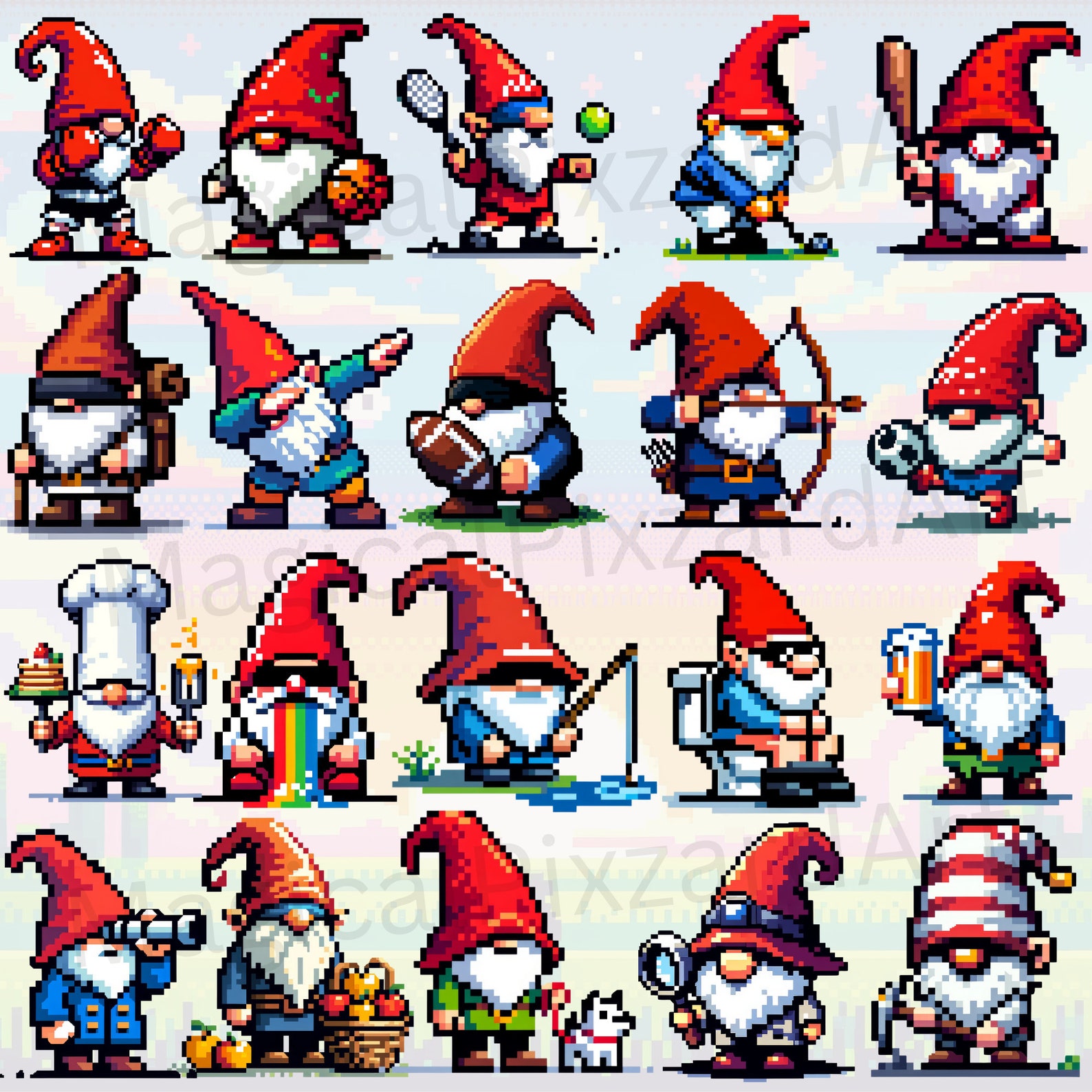 Pixel Art Gnomes Clipart Bundle - 50 Pngs Transparent Background for ...
