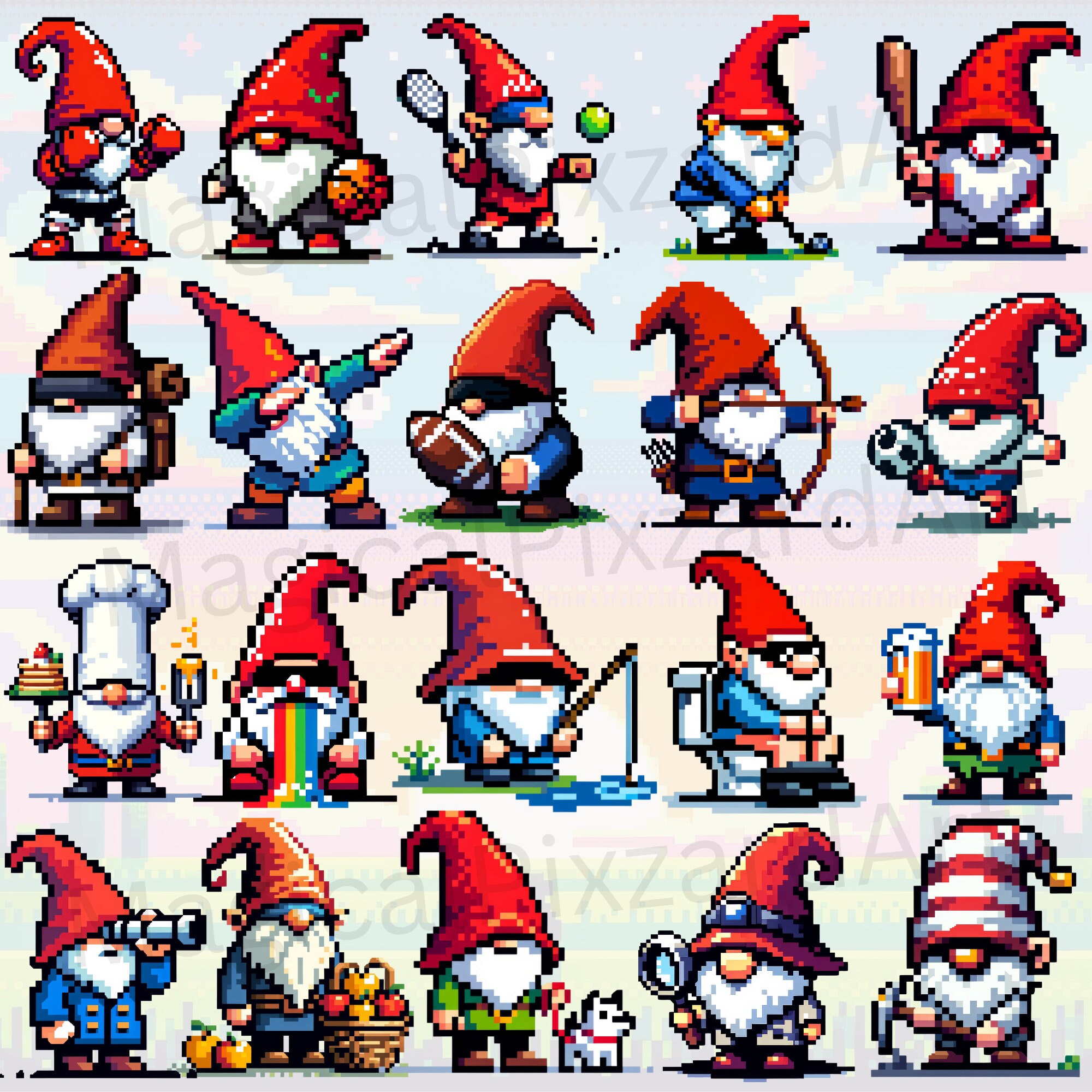 Pixel Art Gnomes Clipart Bundle - 50 Pngs Transparent Background for ...