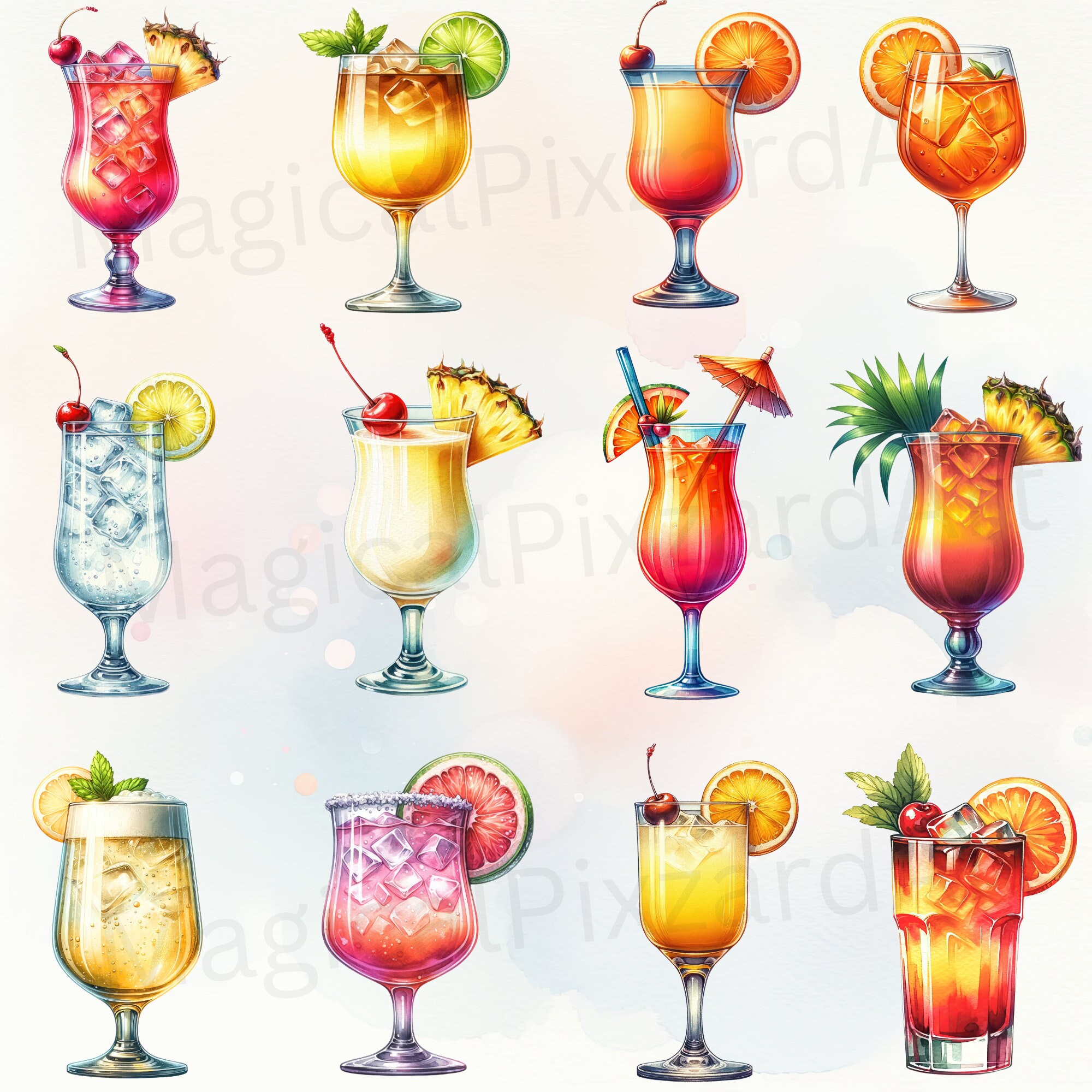70 Watercolor Drink Clipart Bundle - 50 Cocktail Clipart + 20 Smoothie ...