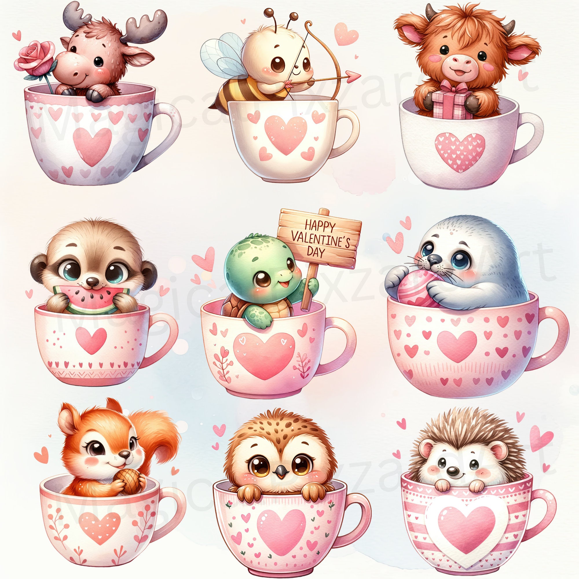 40 Watercolor Valentine's Animals Clipart, PNG Valentines Day Animals ...