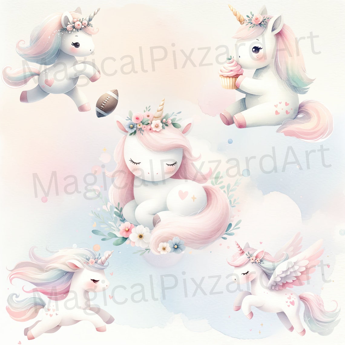 Pastel Unicorn Clipart Collection 25 PNG Files With Kawaii Watercolor ...