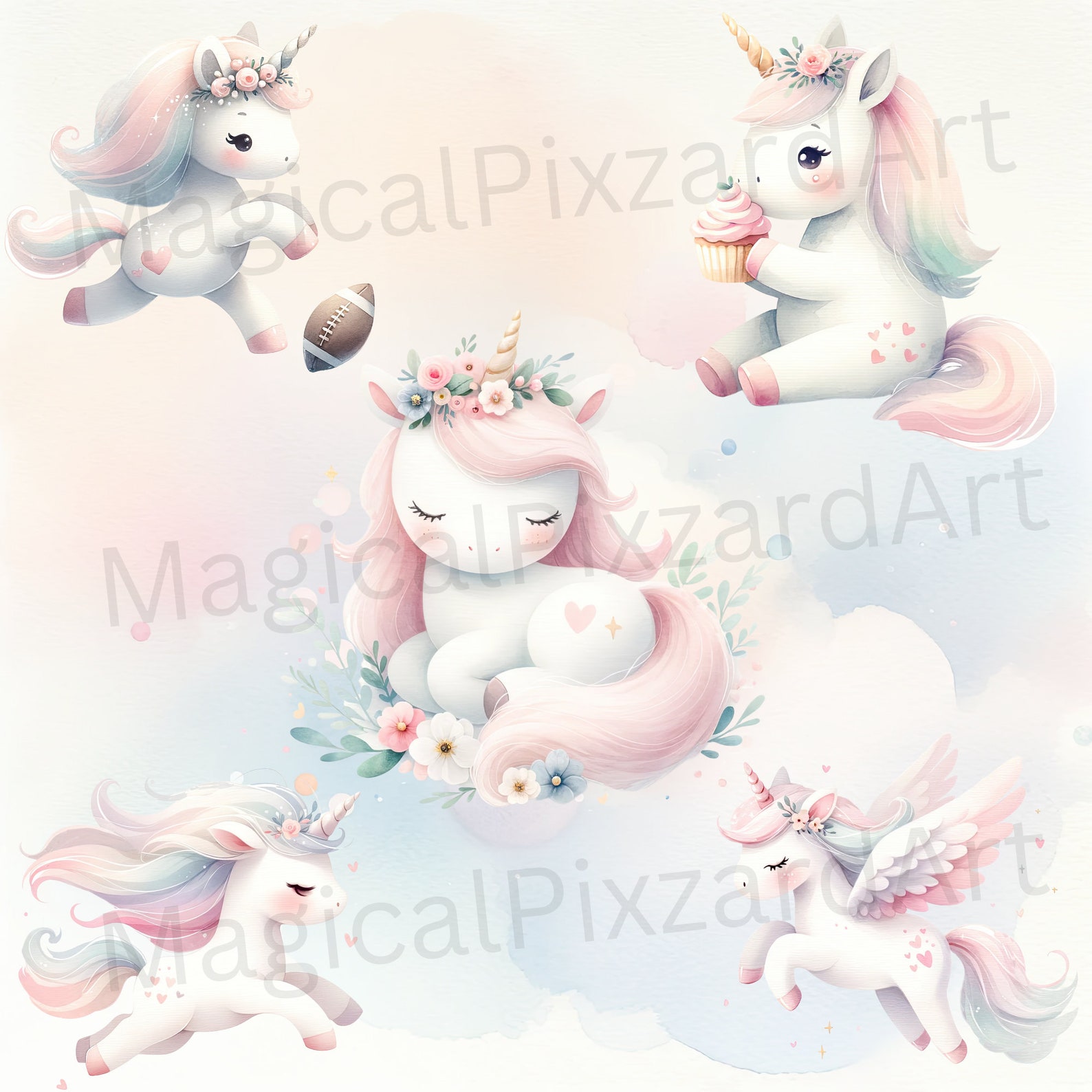 Pastel Unicorn Clipart Collection - 25 PNG Files With Kawaii Watercolor ...