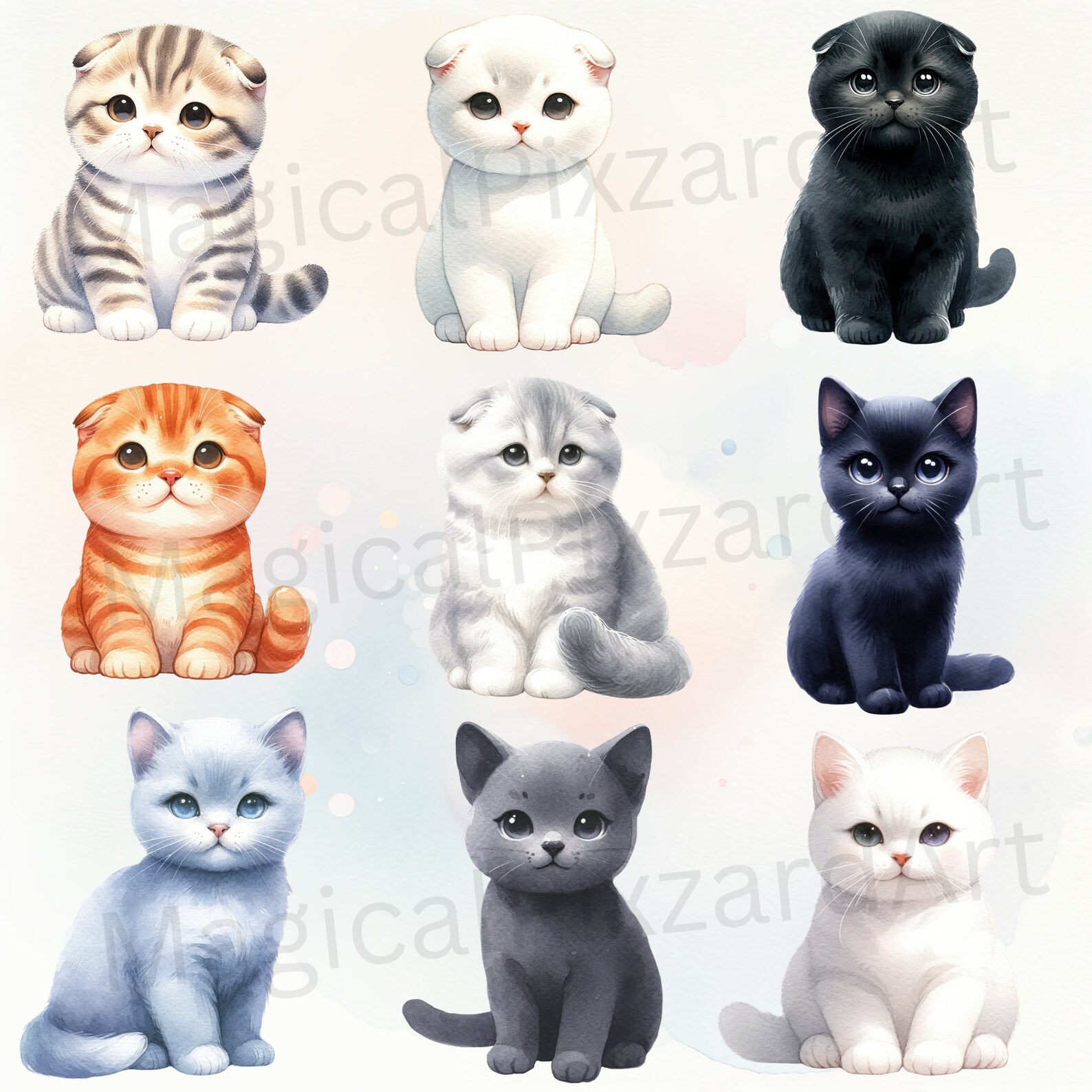 50 Watercolor Cute Cats Clipart Collection With 18 Popular Breeds Cat ...