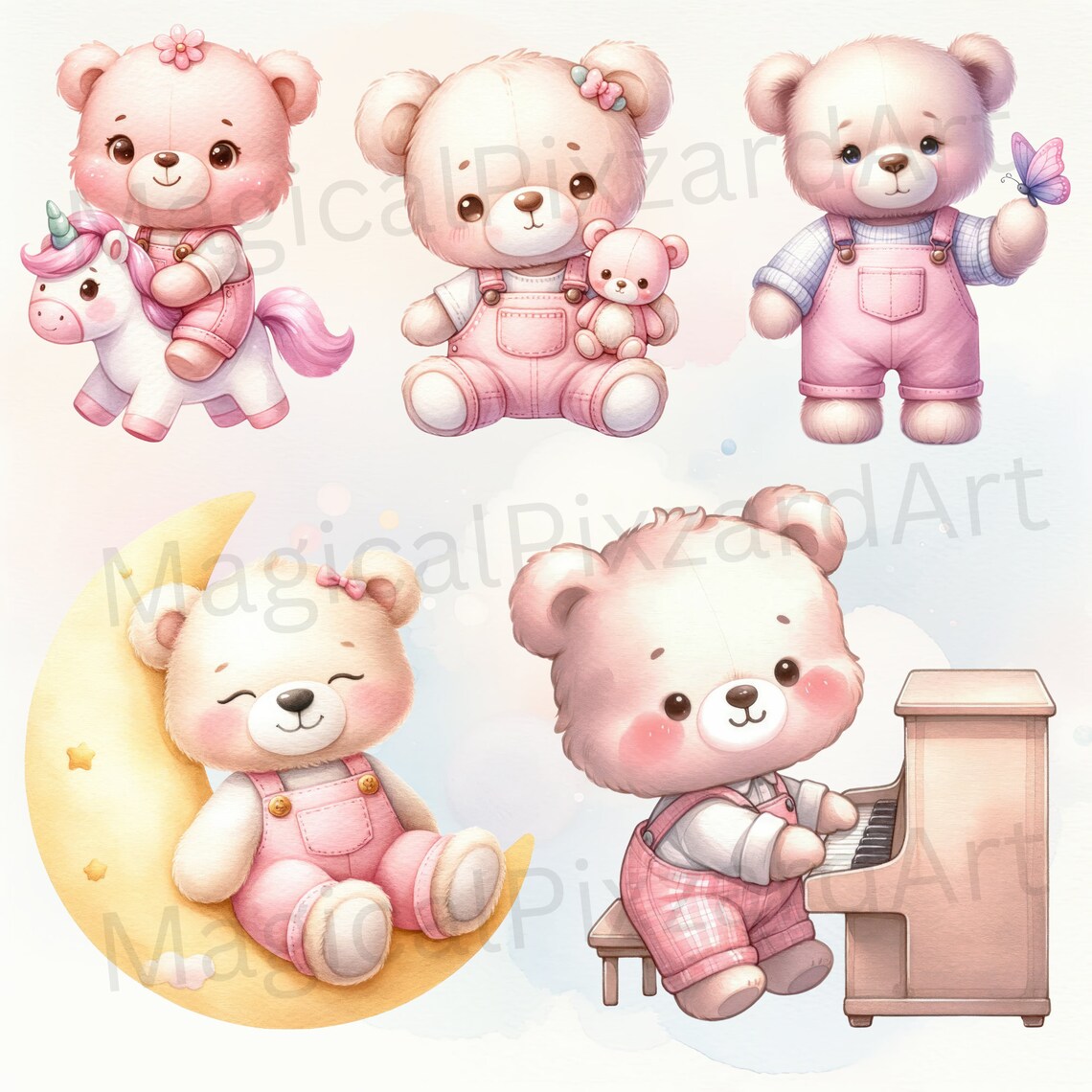 Cute Watercolor Teddy Bear Clipart Set in Soft Pastel Pink & Blue ...