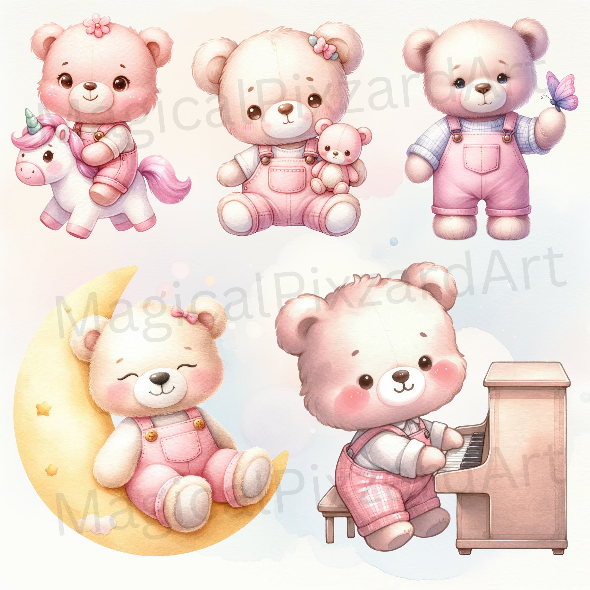 Cute Watercolor Teddy Bear Clipart Set in Soft Pastel Pink & Blue ...