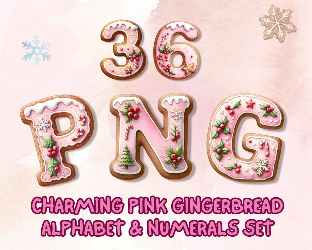 Watercolor Christmas Alphabet Clipart Set : Pastel Pink Gingerbread ...
