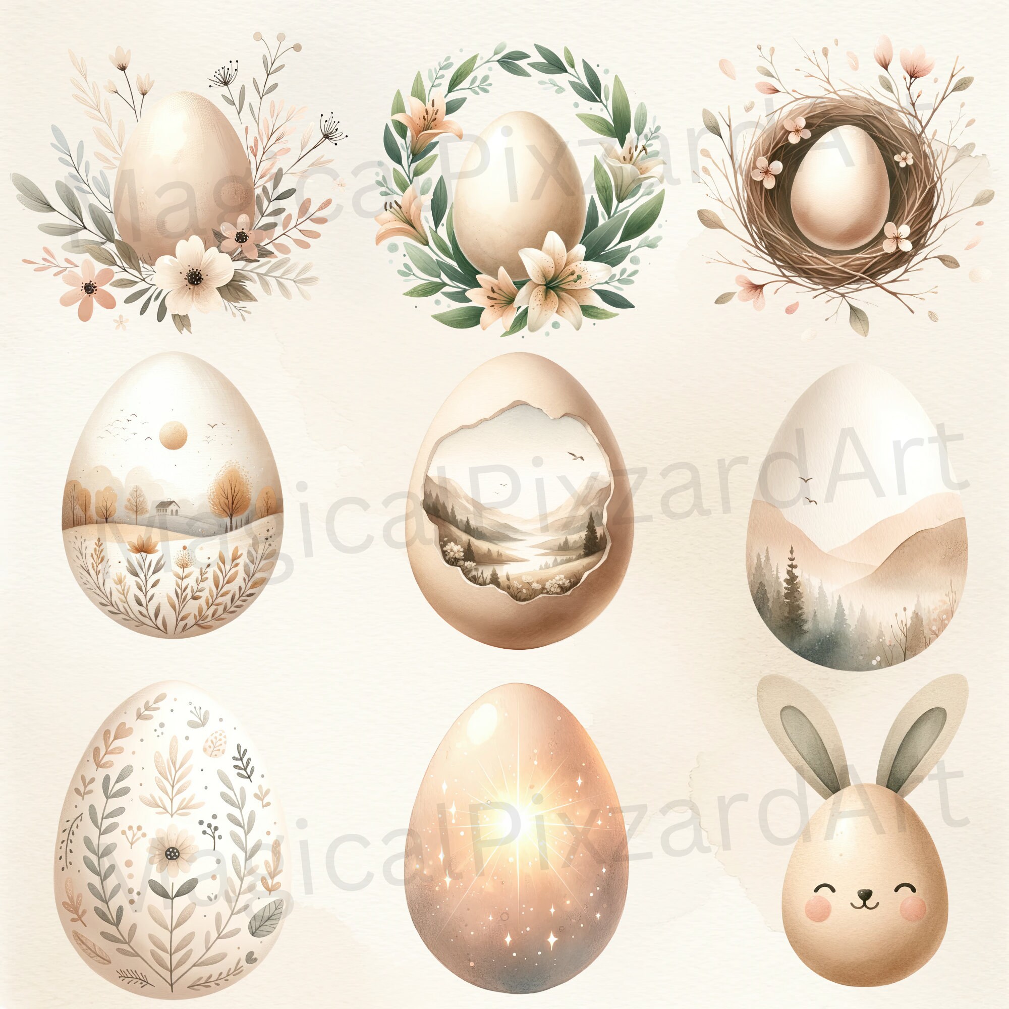 40 Watercolor Easter Clipart Bundle, Bunny Clipart, Beige Themed ...