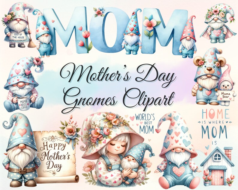 Mother's Day Gnome Clipart Watercolor Gnomes, Mom-themed Illustration ...
