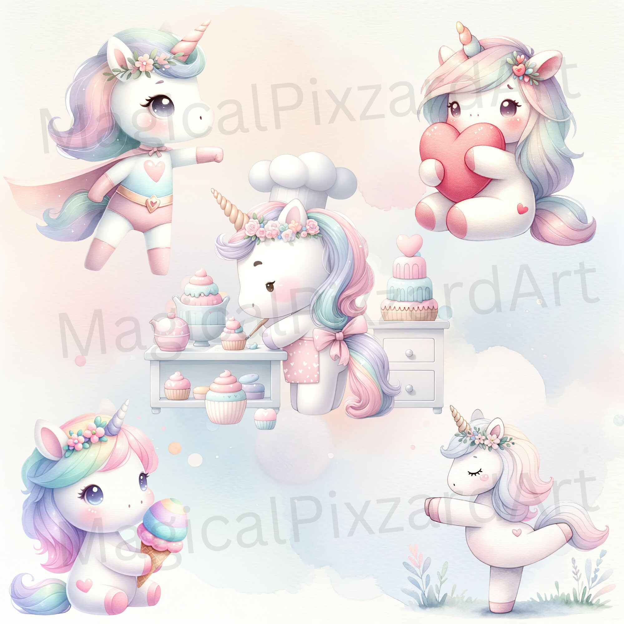 Pastel Unicorn Clipart Collection 25 PNG Files With Kawaii Watercolor ...