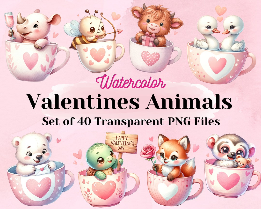 40 Watercolor Valentine's Animals Clipart, PNG Valentines Day Animals ...