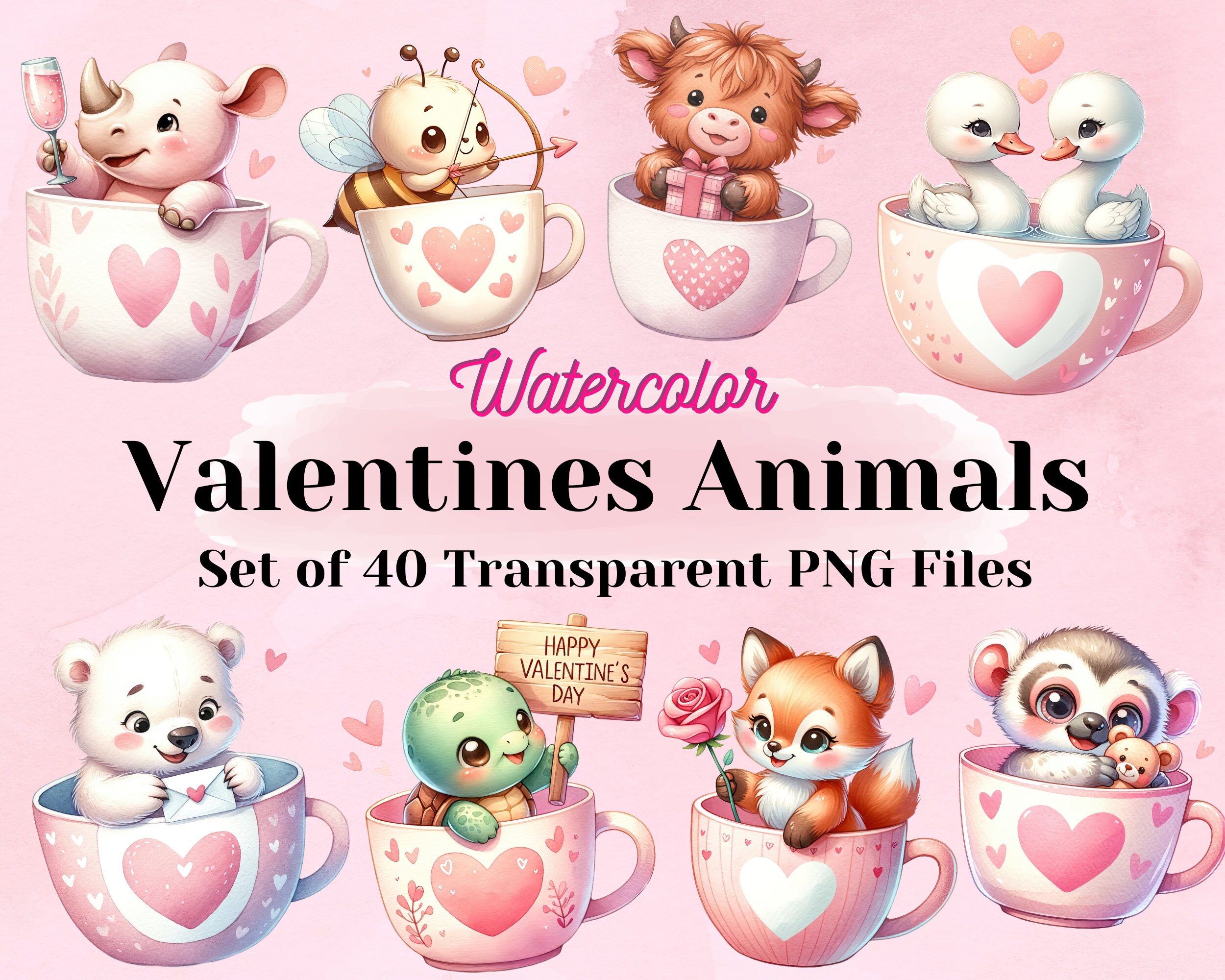 40 Watercolor Valentine's Animals Clipart, PNG Valentines Day Animals ...