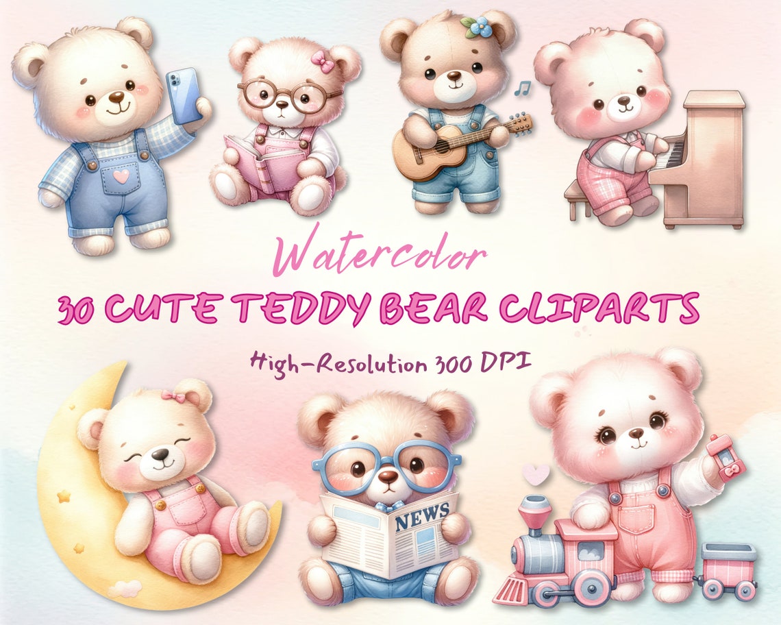 Cute Watercolor Teddy Bear Clipart Set in Soft Pastel Pink & Blue ...