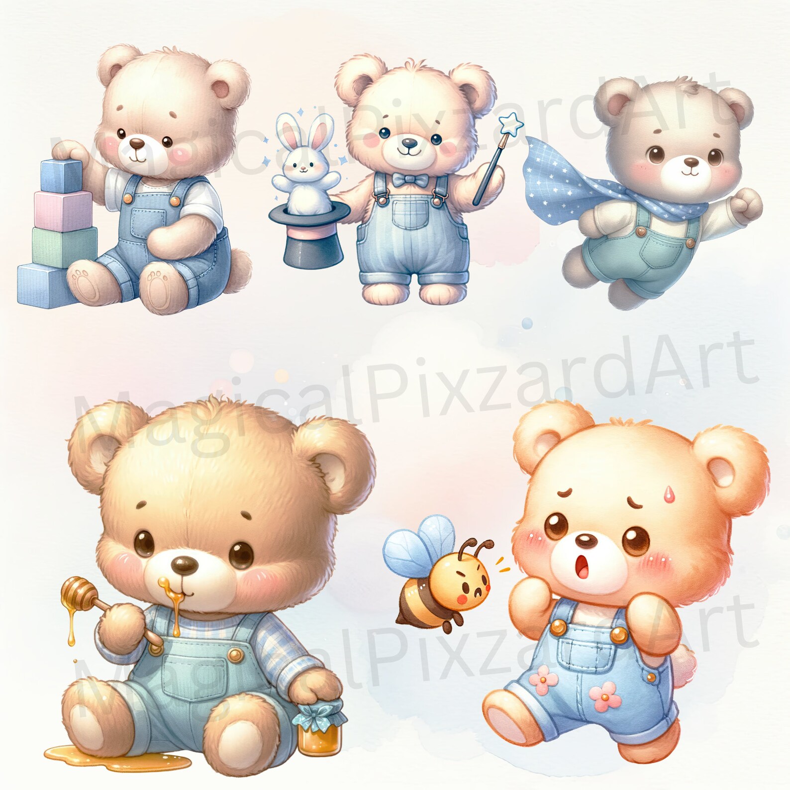Cute Watercolor Teddy Bear Clipart Set in Soft Pastel Pink & Blue ...